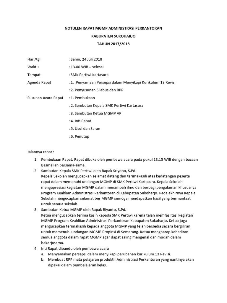 Notulen Rapat MGMP Ap - 1718 | PDF