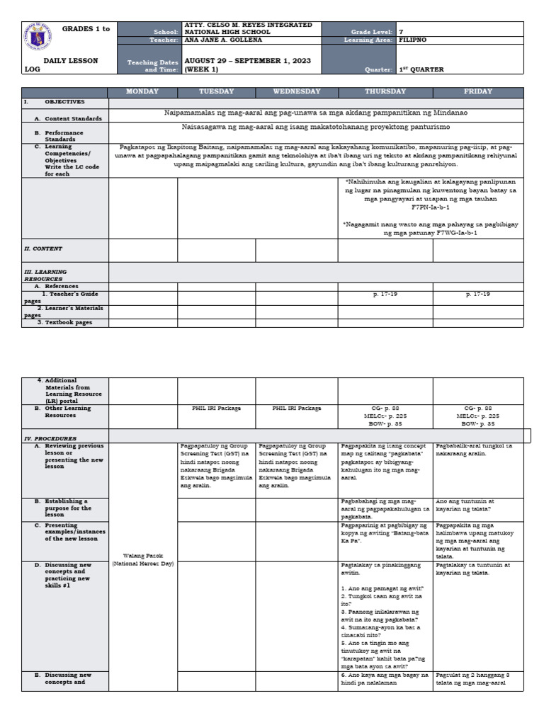DLL For Grade 7 | PDF