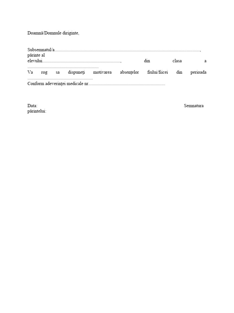 Cerere de Motivare Absente Pe Baza de Adeverinta Medicala | PDF