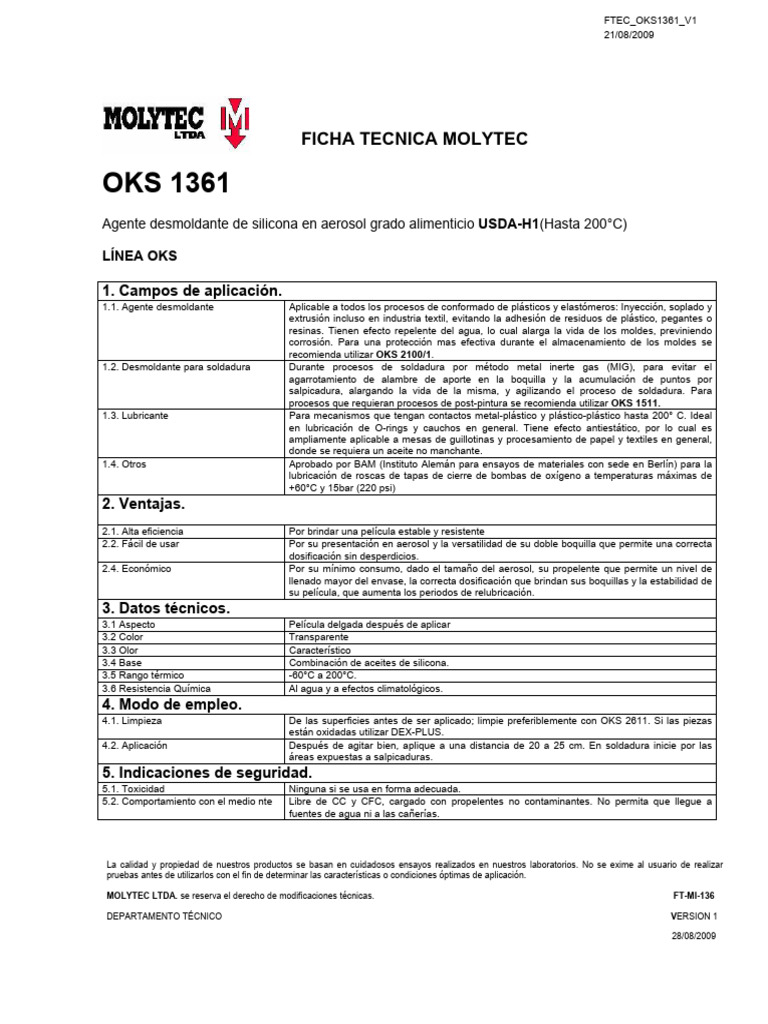 Agente Desmoldante Silicona OKS 1361 | PDF