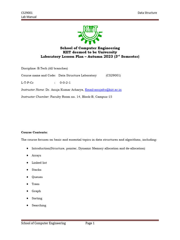 Data Structure Lab Cs29001 Lesson Plan Pdf Queue Abstract Data Type Algorithms And 
