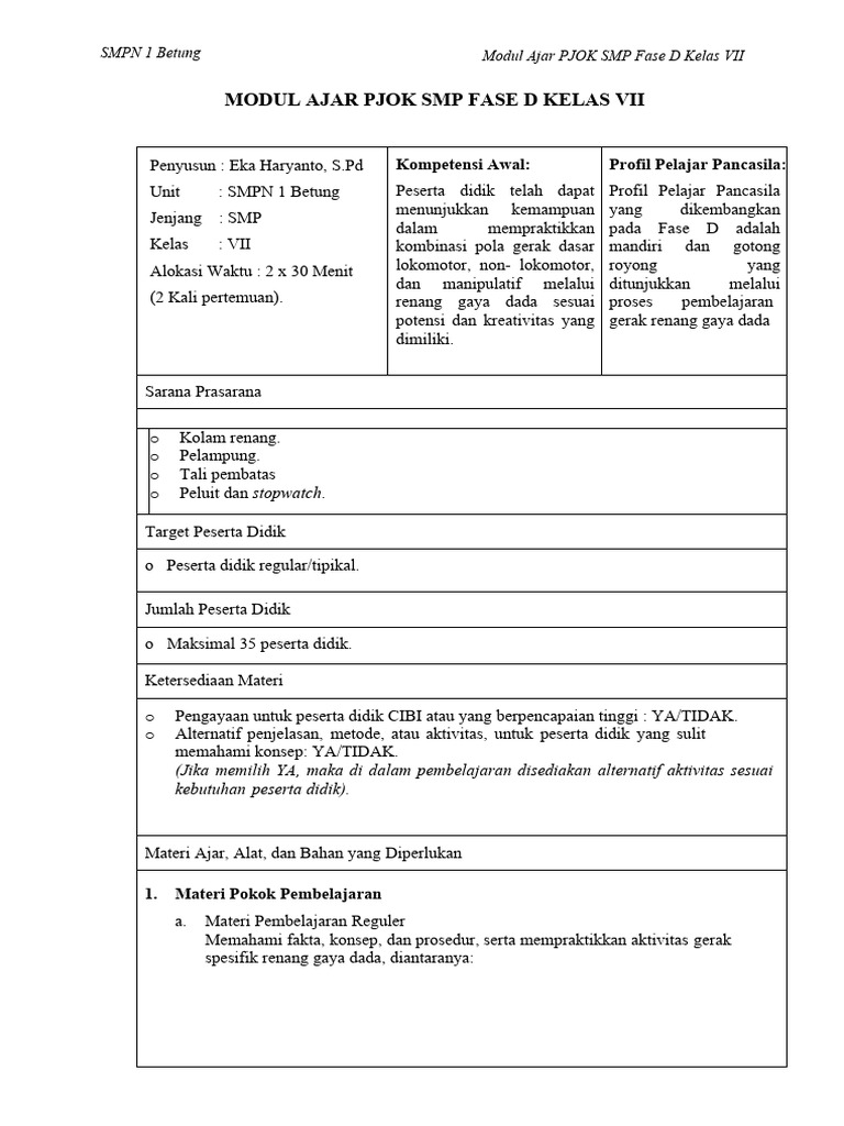 08 Modul Ajar Renang Gaya Dada | PDF