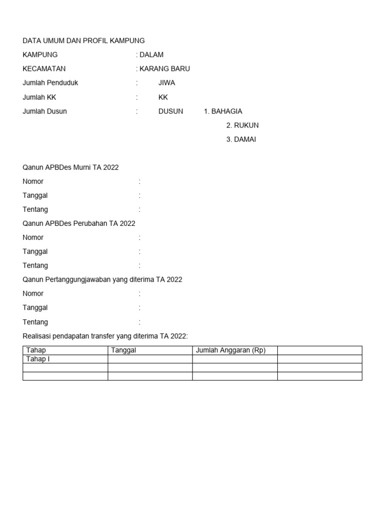 Data Umum Dan Profil Kampung | PDF