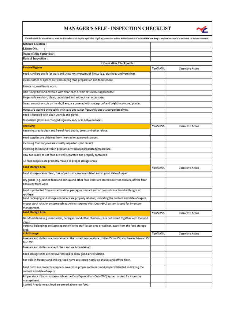 Manager's Self Inspection Checklist Ycs | PDF | Food Storage | Refrigerator