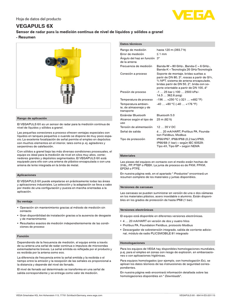 ES Data Sheet VEGAPULS 6X Sensor de Radar para La Medición Continua de ...