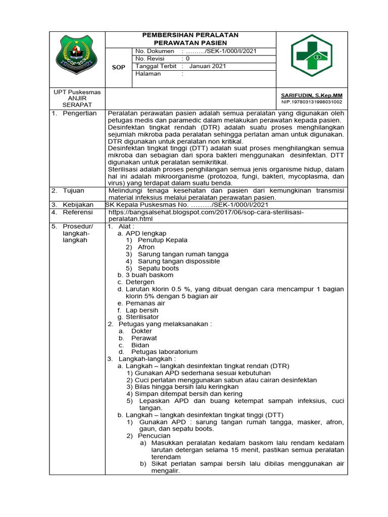 Sop Pembersihan Peralatan Perawatan Pasien | PDF | Sains & Matematika