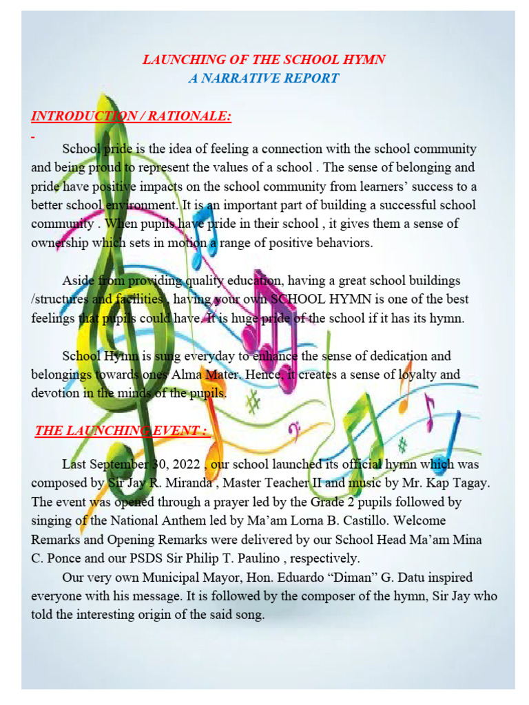 Acr Narrative Report LAUNCHING OF THE SCHOOL HYMN | PDF