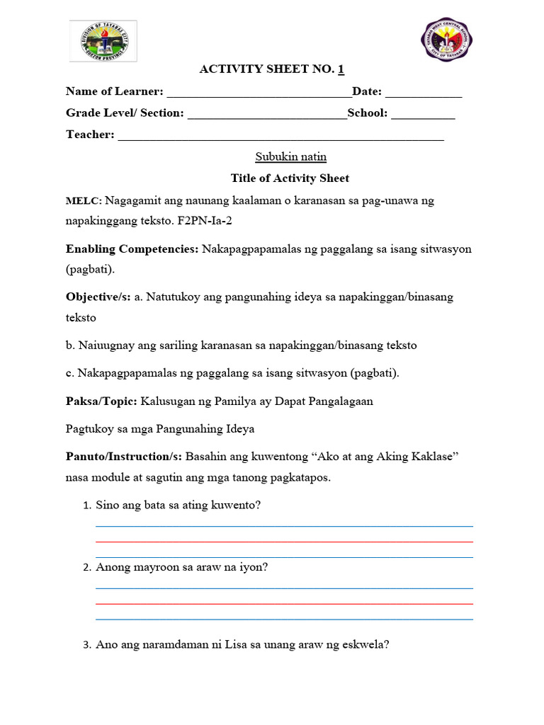 Week 1 - FILIPINO 2-ACTIVITY-SHEET With MODULE | PDF