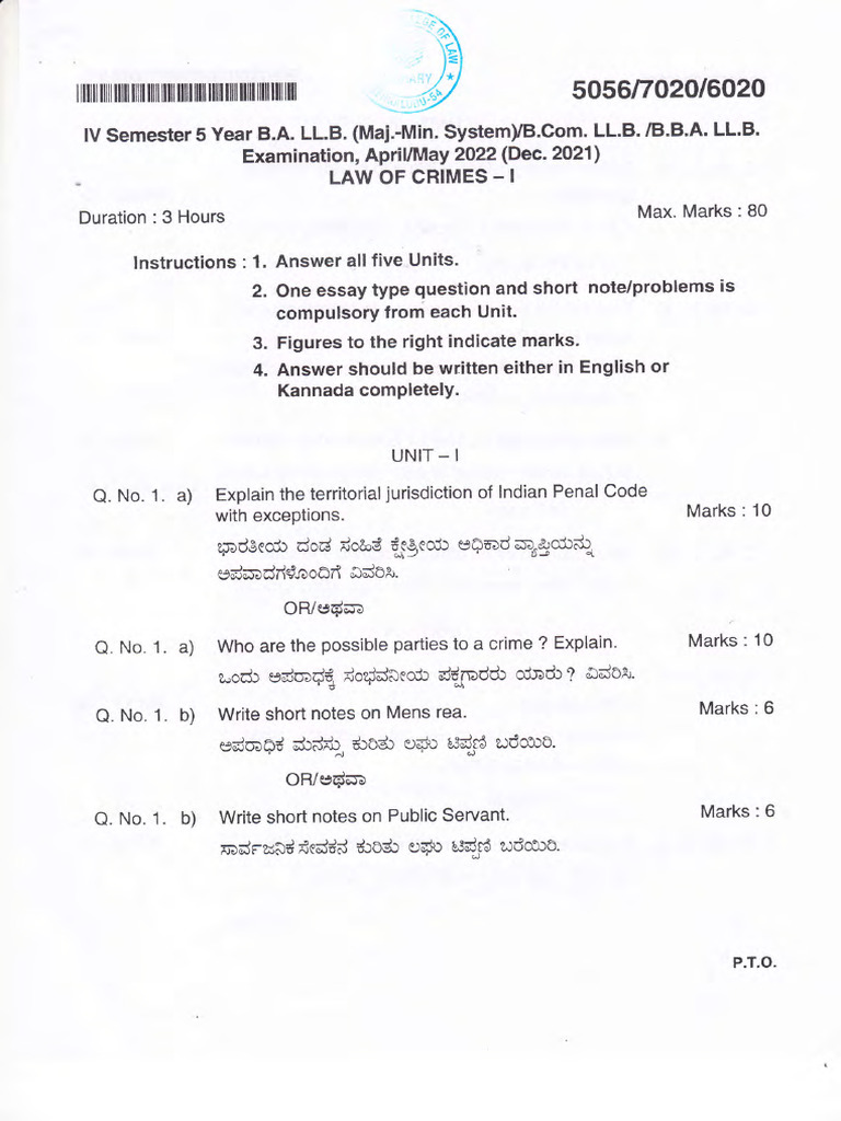 4th Sem Indian Penal Code (Criminal Law - I) Apr - May 2022 | PDF | Criminal Justice | Crime ...