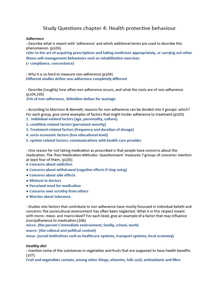 Study Questions Chapter 4: Health Protective Behaviour | PDF ...