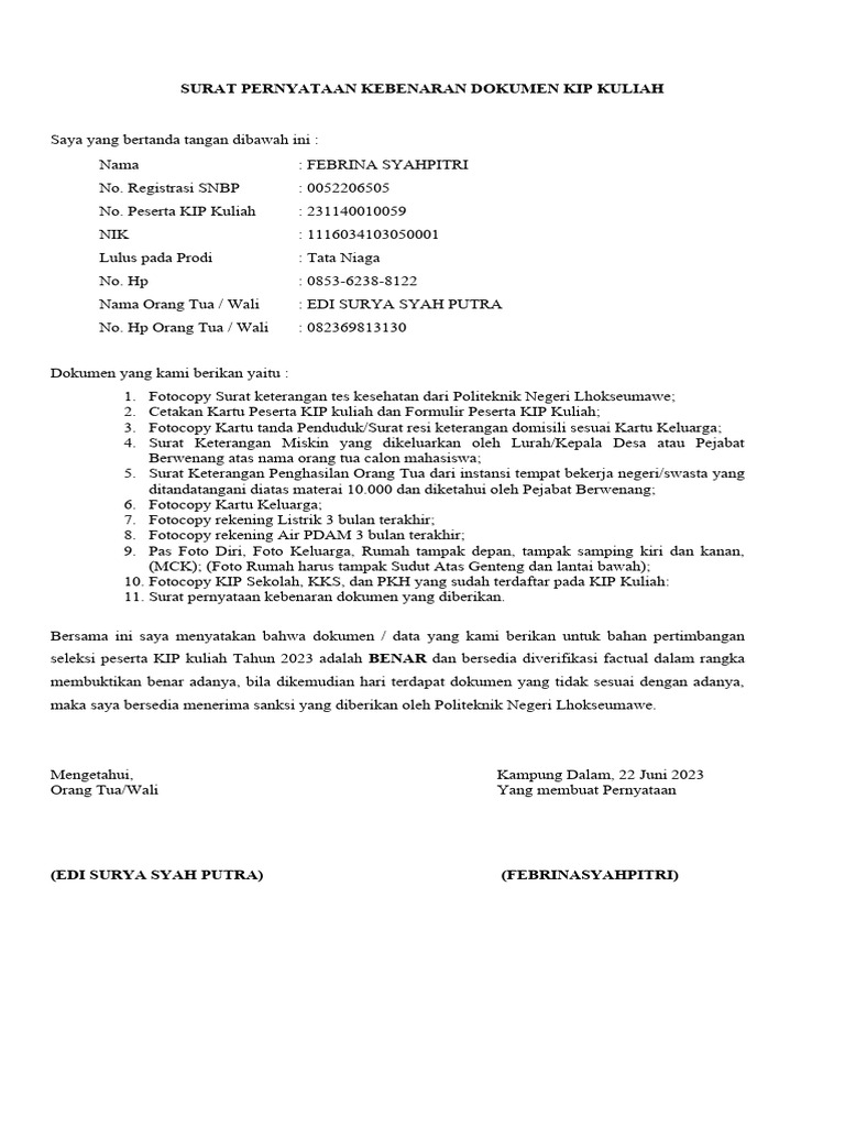 Surat Pernyataan Kebenaran Dokumen Kip Kuliah | PDF