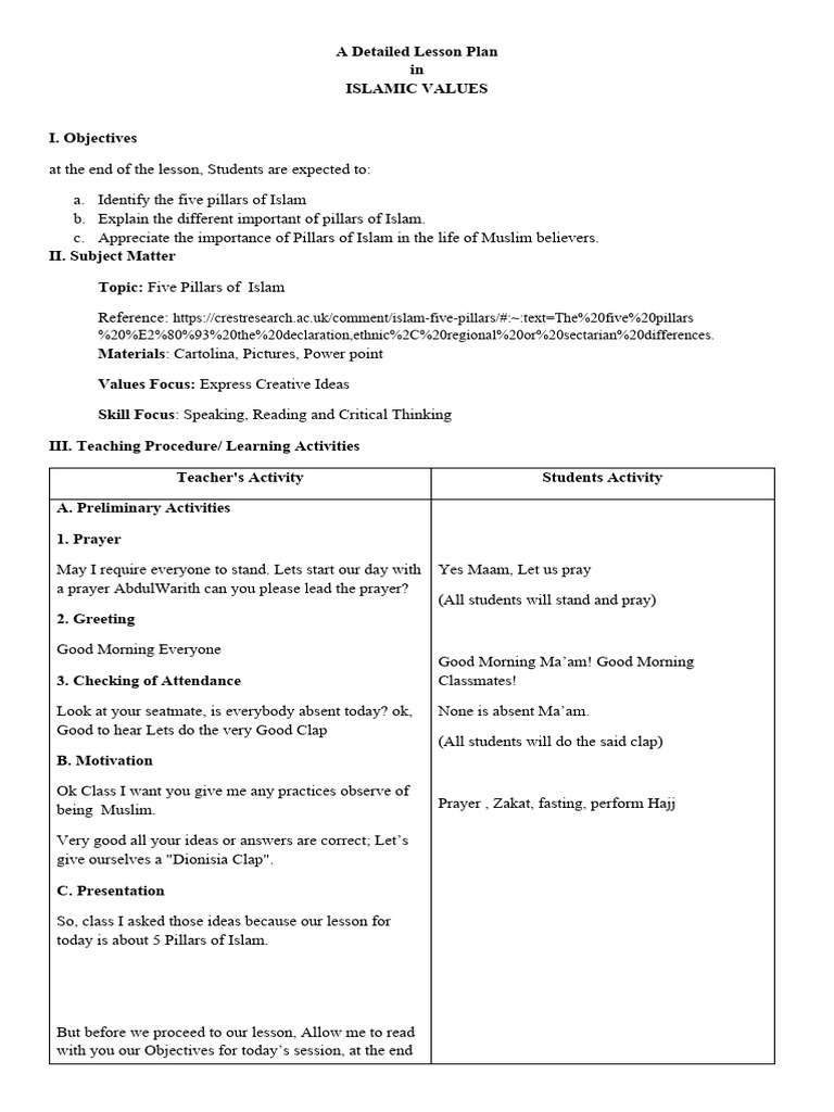Lesson Plan SH Islamic Values 2 | PDF Lesson Plan SH Islamic Values 2 | PDF