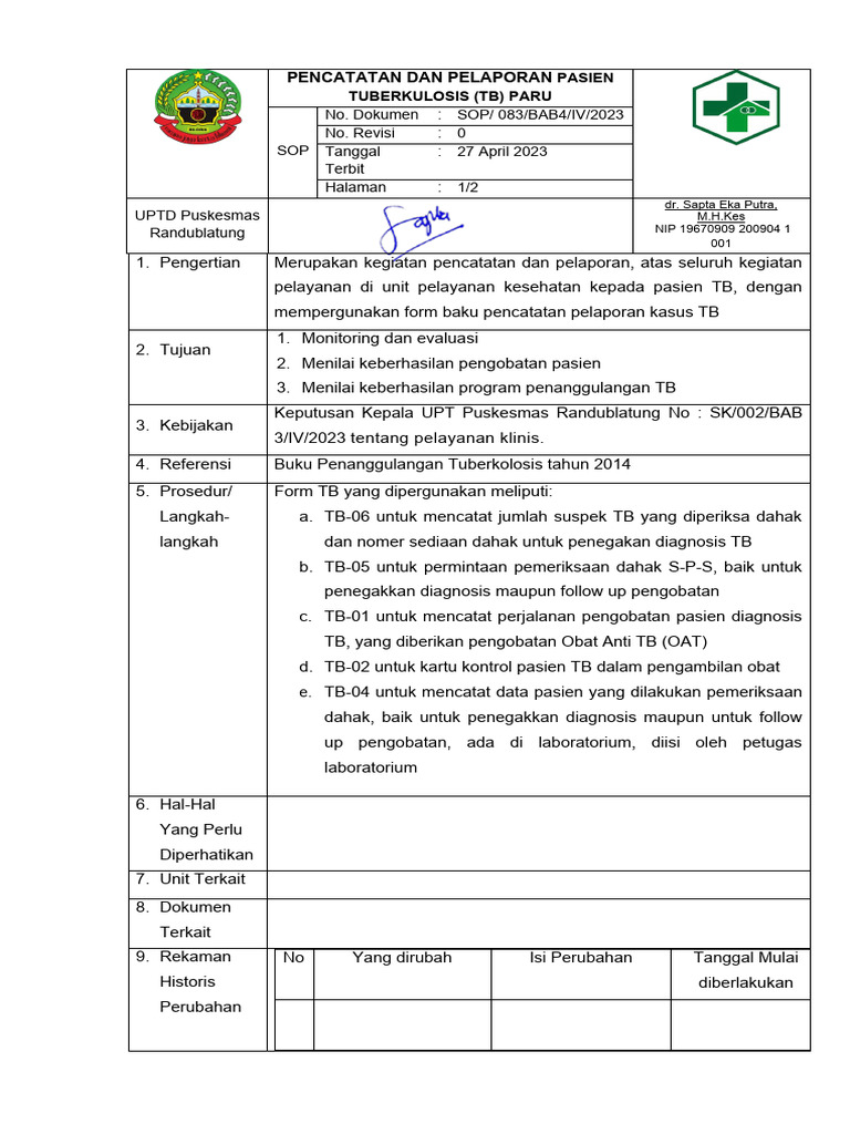 Sop Pencatatan Dan Pelaporan TB | PDF