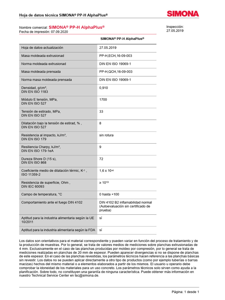 FICHA PP-H AlphaPlus SIMONA | PDF | Ciencias fisicas