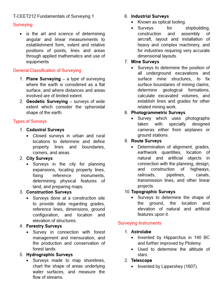 T-CEET212 Fundamentals of Surveying 1 (Reviewer-Midterms) | PDF | Surveying | Accuracy And Precision