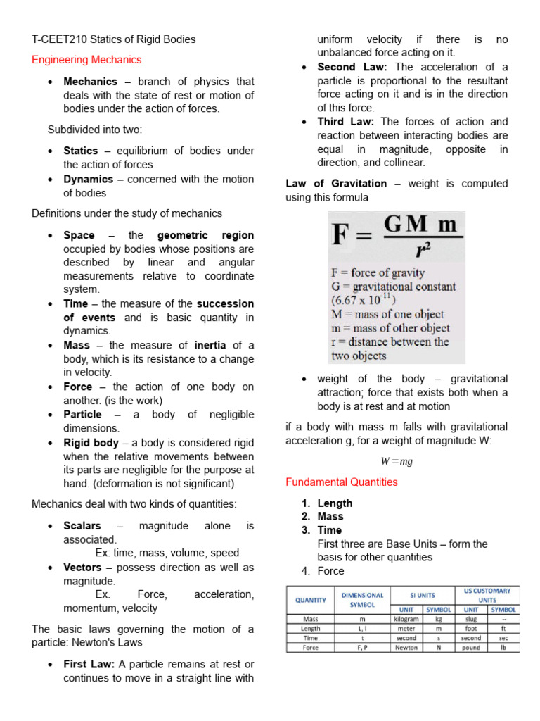 T-CEET210 Statics of Rigid Bodies Reviewer | PDF