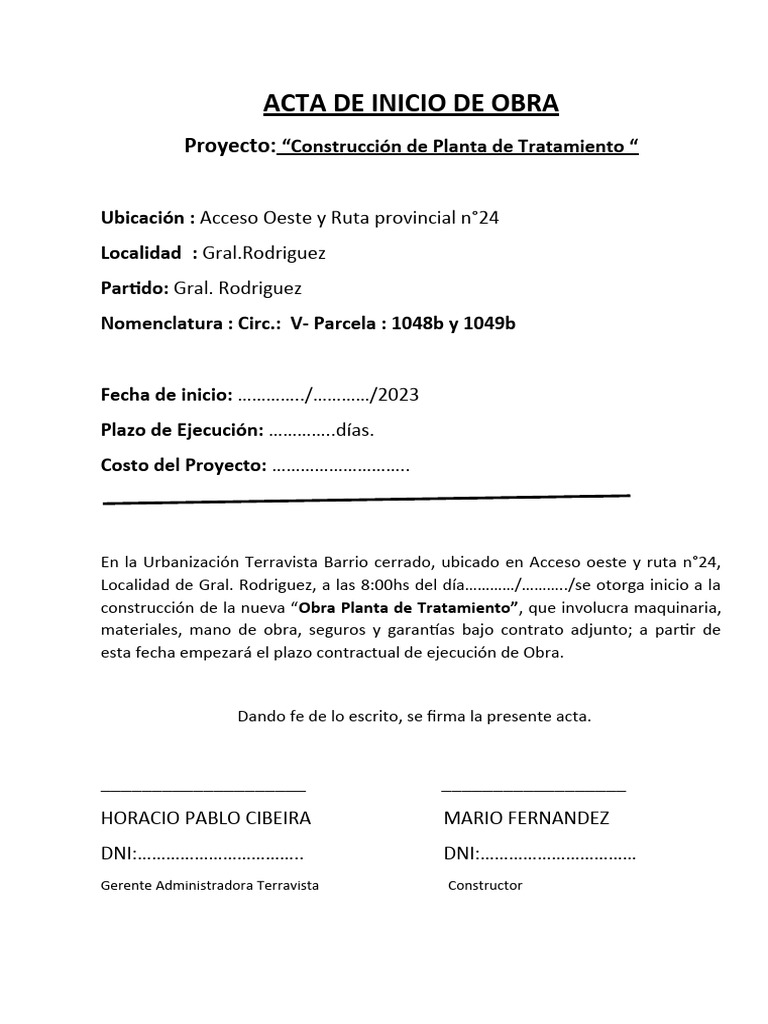 ACTA DE INICIO DE OBRA INFORME | PDF