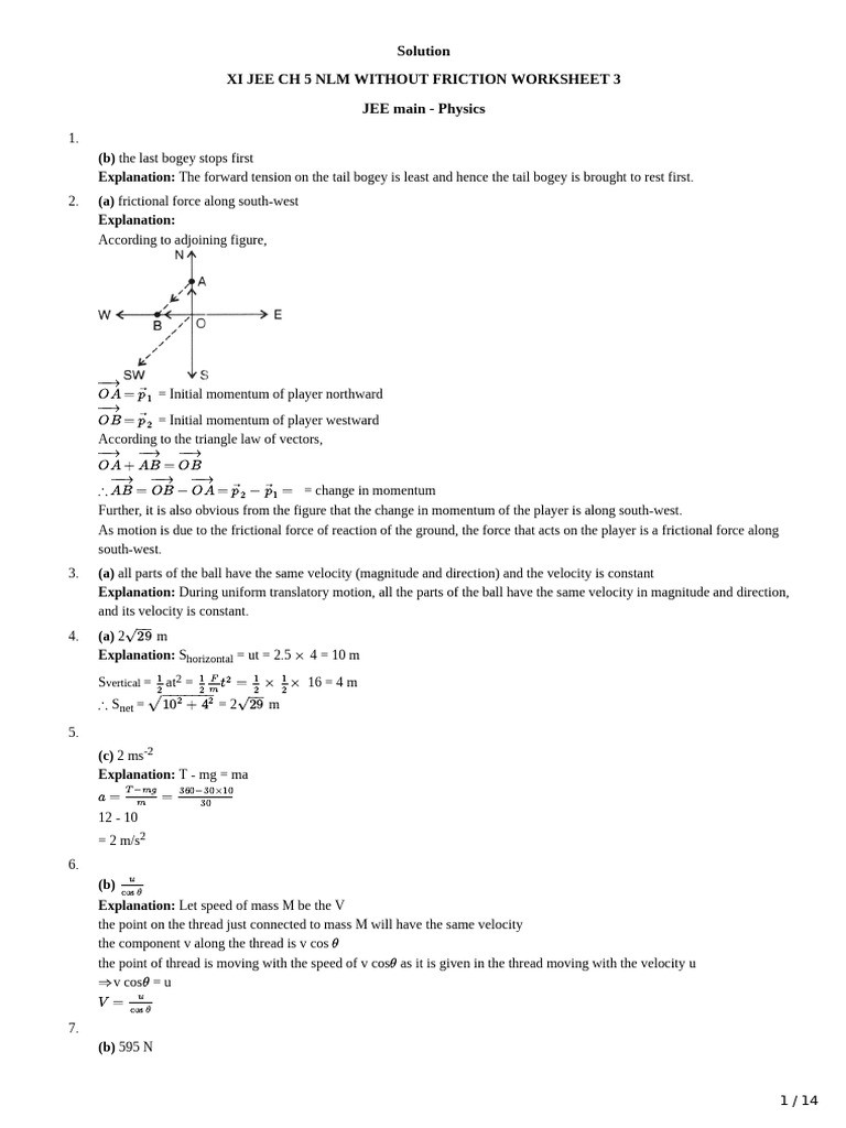 XI Phy CH 5 NLM Without Friction Worksheet 3 Answers | PDF | Momentum | Force
