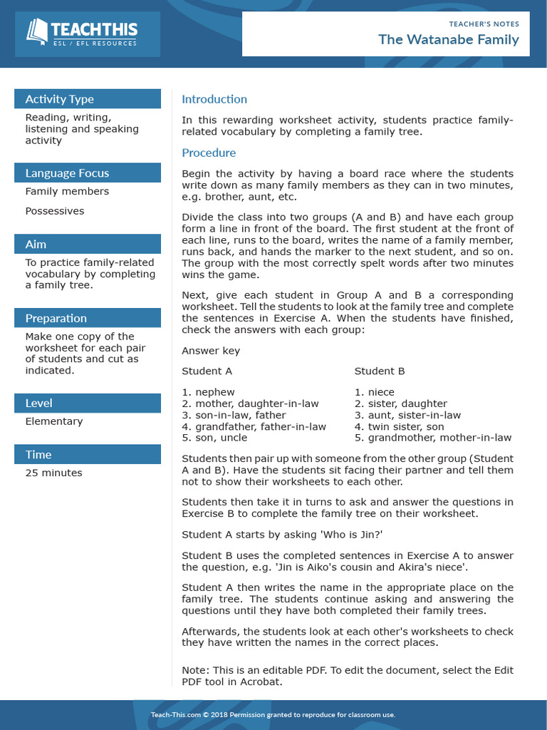 The Watanabe Family | PDF | English As A Second Or Foreign Language ...