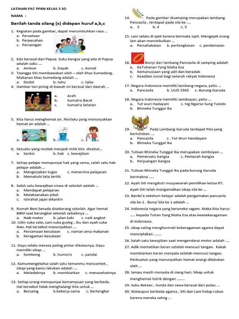 Latihan Pat PPKN Kelas 3 SD | PDF