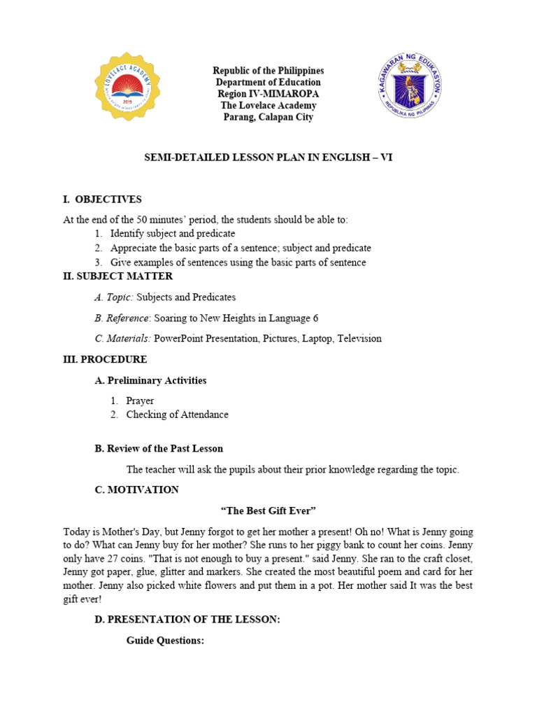 English 6 Semi-Detailed Lesson Plan | PDF | Subject (Grammar ...
