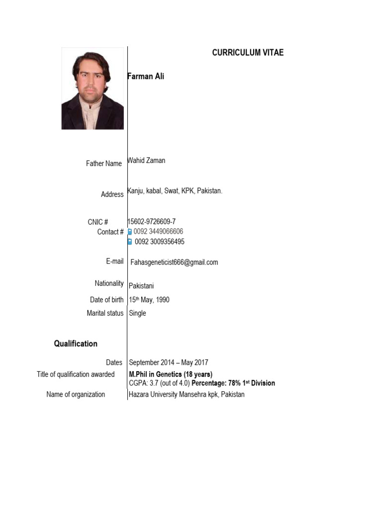 Farman Ali CV 2018 | PDF | Gel Electrophoresis | Gene