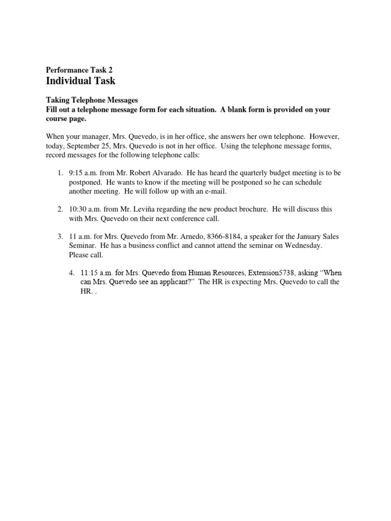 m3 Performance Task 2 - Taking Telephone Messages | PDF