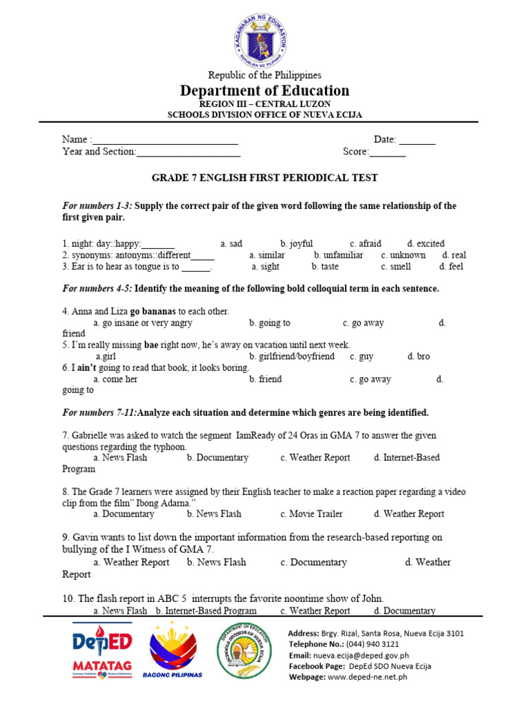 English 7 - First Quarter Exam | PDF