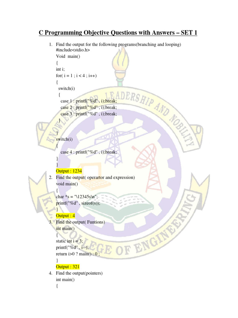 C Programming Objective With Answers Set 1 Pdf Computer Programming Object Oriented 9627