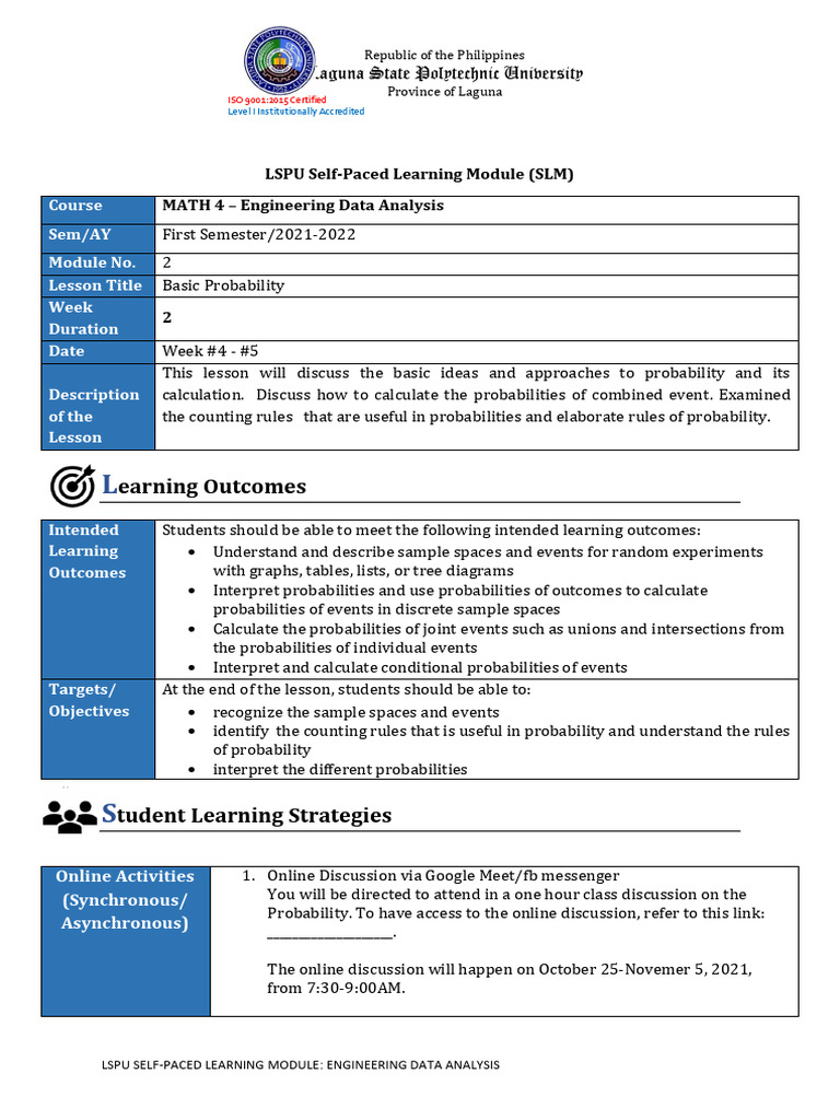 BSCE MATH4 SLM Module-2 1st-Review | PDF | Probability | Mathematical Model