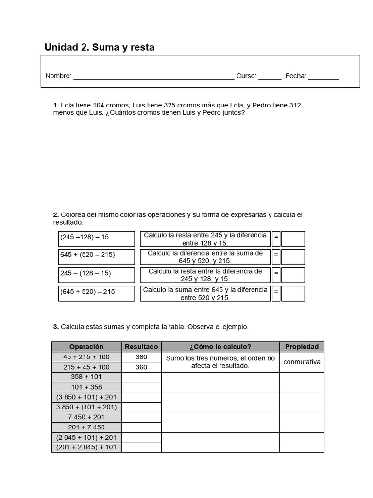 4M U02 Evaluacio N | PDF | Sustracción