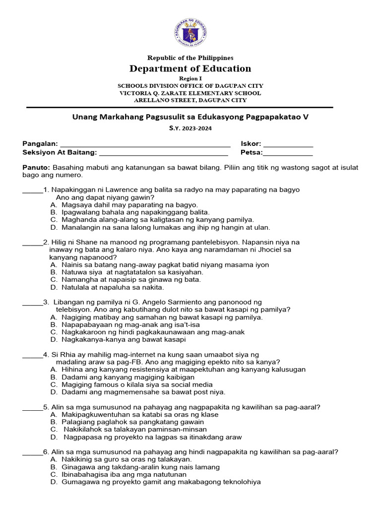 Esp Periodic Test 1ST Quarter 2023-2024 | PDF