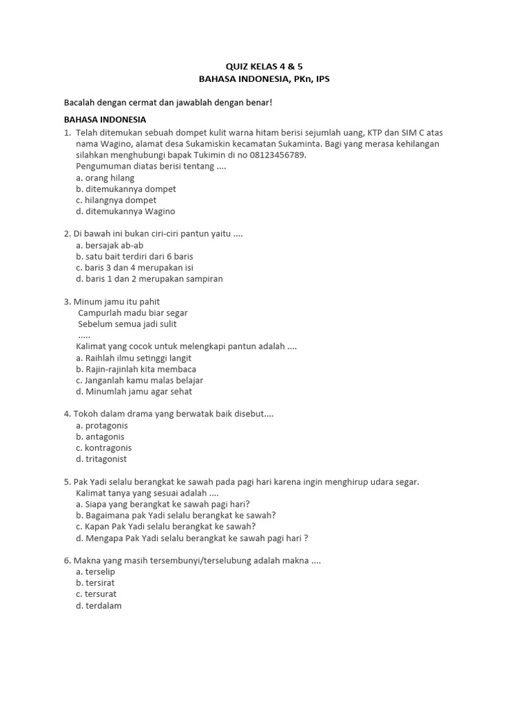 QUIZ KELAS 4 B IND PKN IPS | PDF