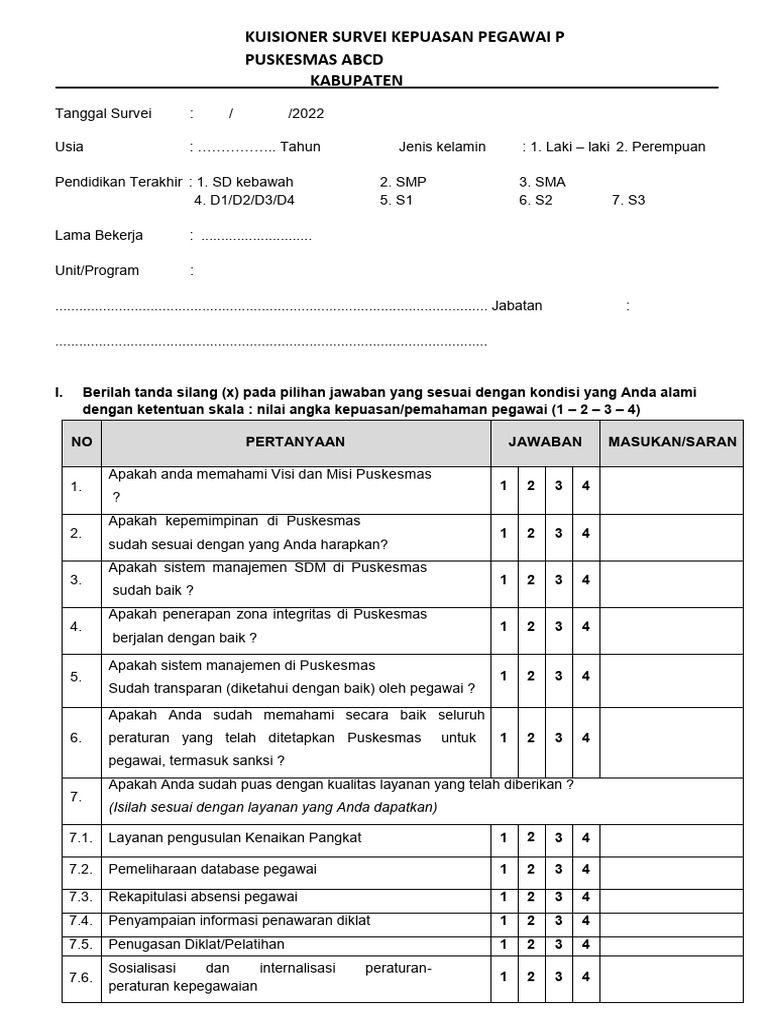 Kuisioner Kepuasan Pegawai 2022 | PDF