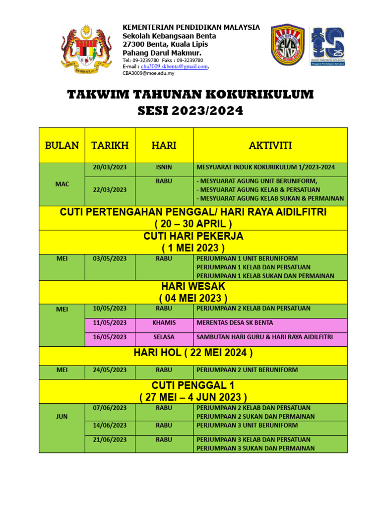 Takwim Kokurikulum Sesi 2023 2024 SK Benta, Kuala Lipis | PDF