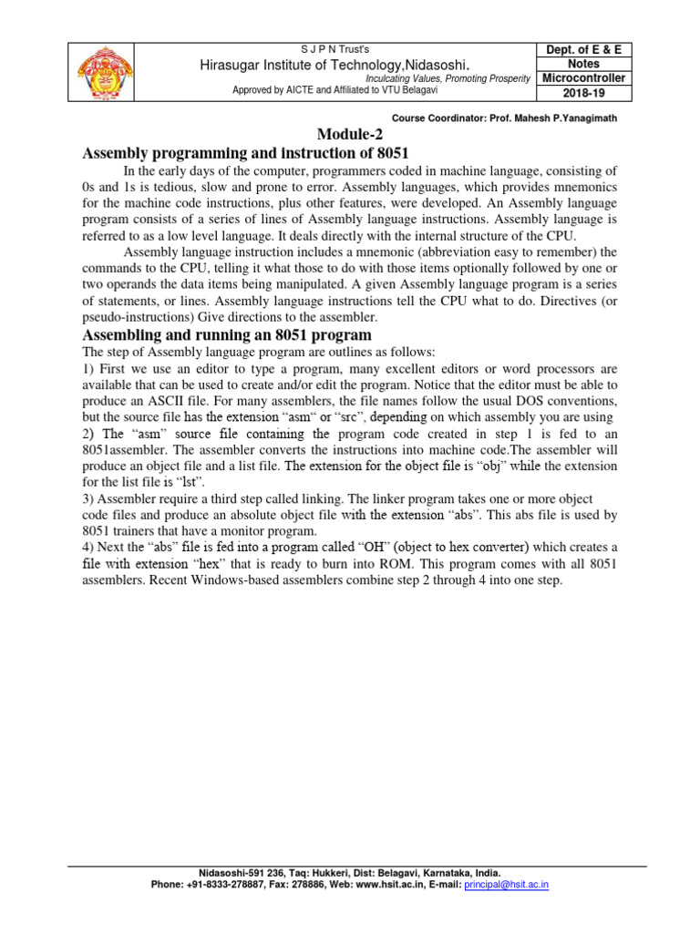 Module-2 Assembly Programming and Instruction of 8051: Course ...