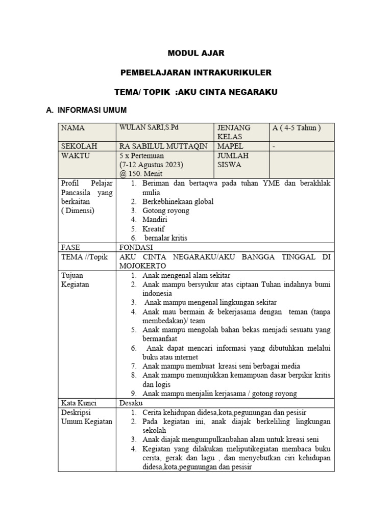 Modul Ajar TK A 2 | PDF