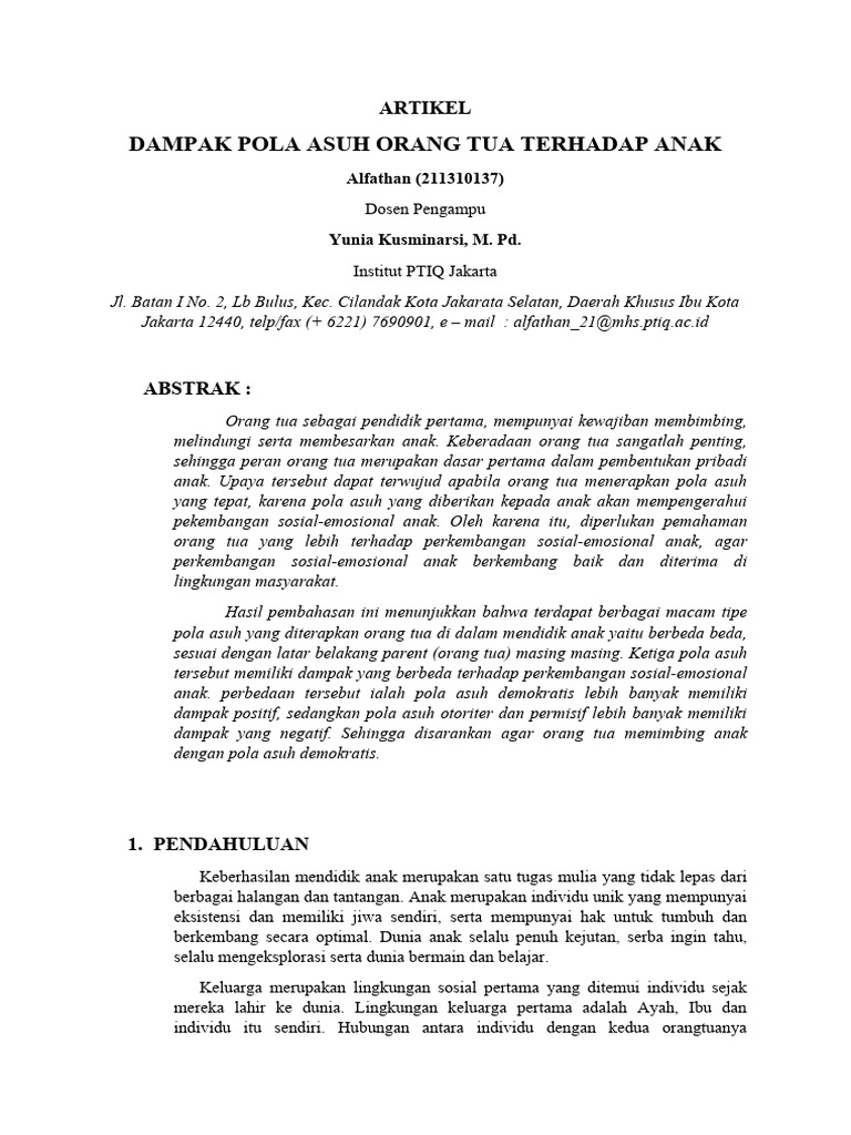Dampak Pola Asuh Orang Tua Terhadap Anak (Fathan) | PDF | Karier & Perkembangan