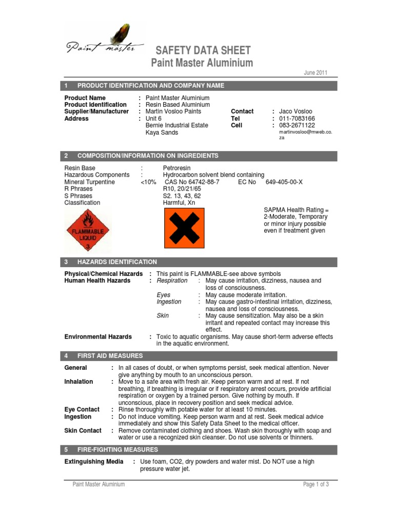 Safety Data Sheet Paint Master Aluminium: June 2011 | PDF