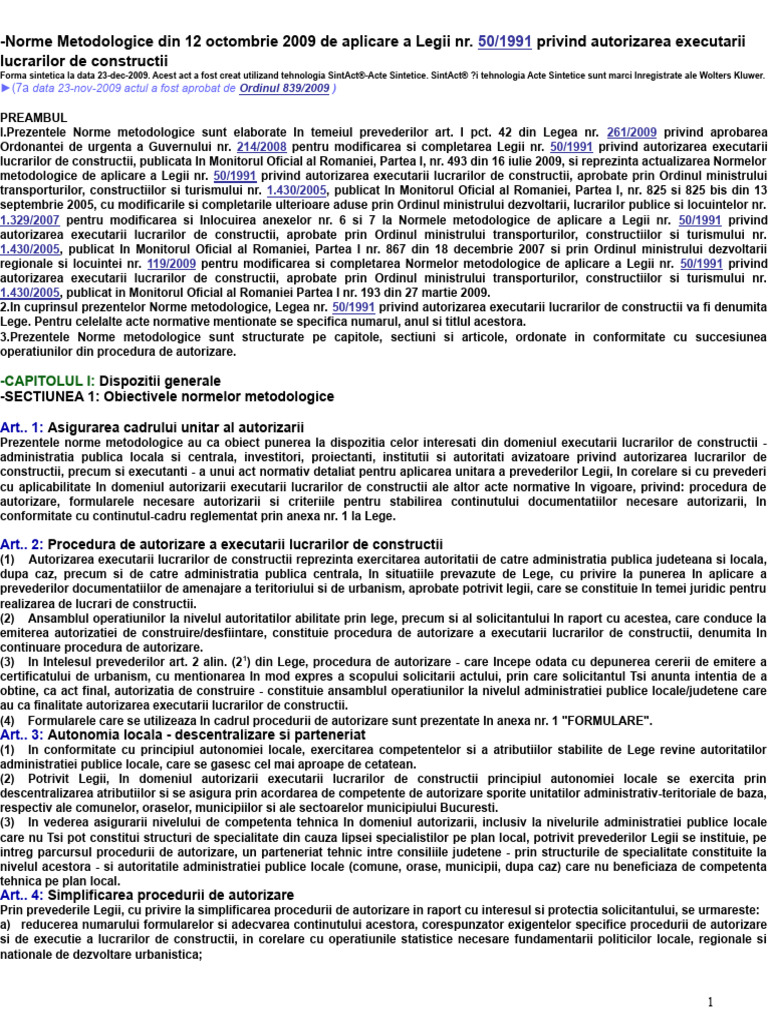 Ordin 839-2009 Norme Metodologice La Legea 50 Din 1991 | PDF