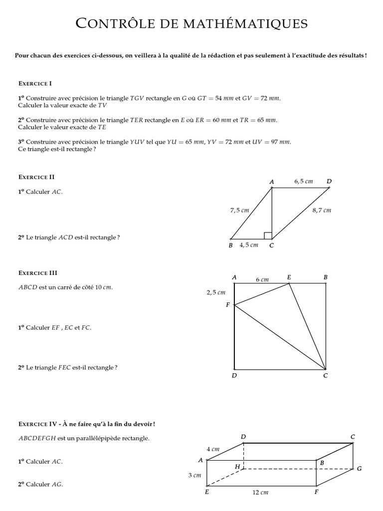 Controle Corrige Mathematiques Quatrieme Corrige | PDF