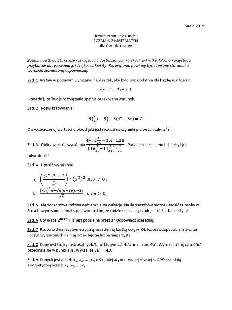 Lo Egzamin Mat 2019 Osma | PDF