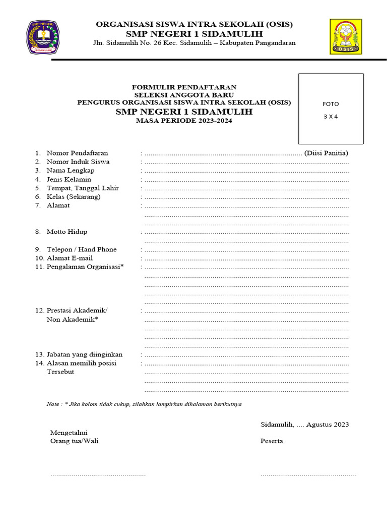 FORMULIR PENDAFTARAN OSIS | PDF