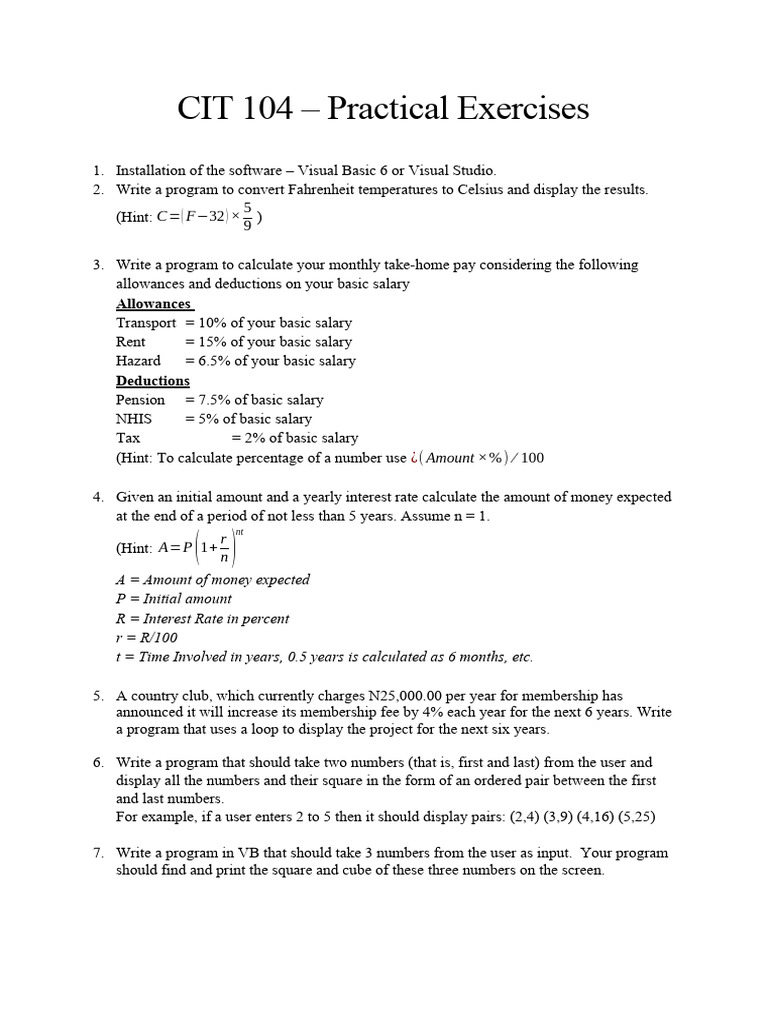 2023 - 1 CIT 104 Practical - Exercises Questions | PDF