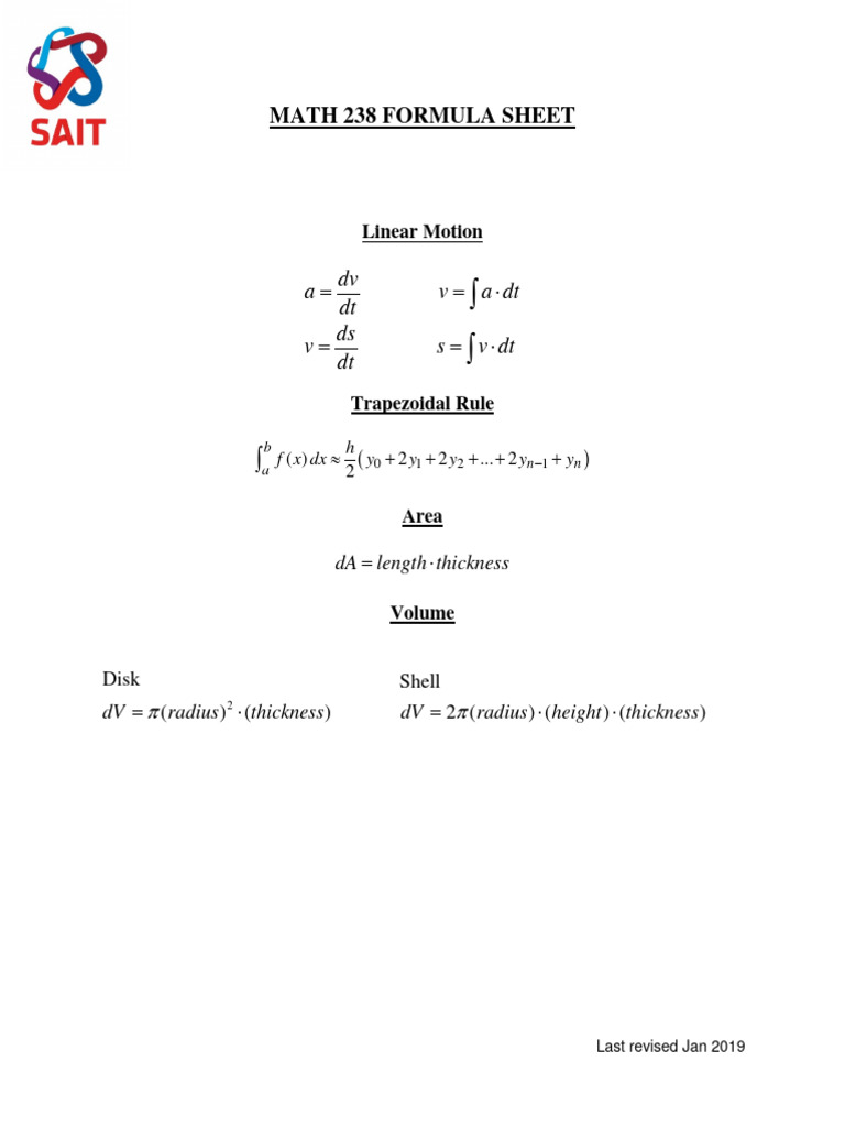 Math 238 Formula Sheet (2018) | PDF