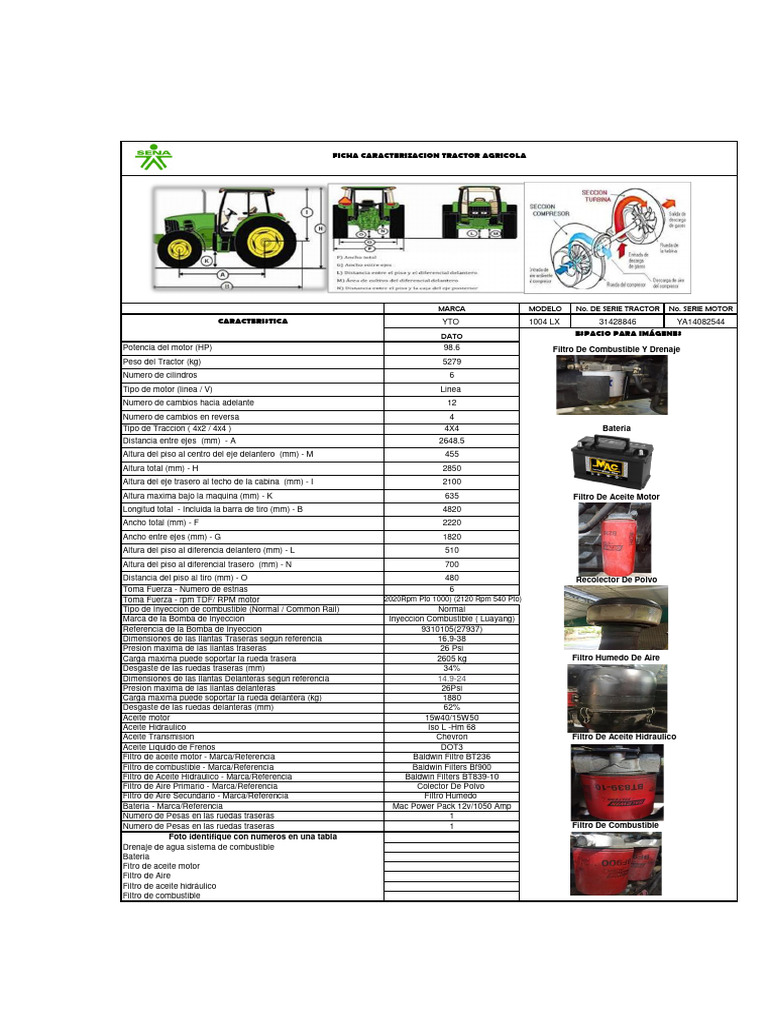 Ficha Caracterizacion Tractor YTO 1004 LX | PDF Ficha Caracterizacion Tractor YTO 1004 LX | PDF