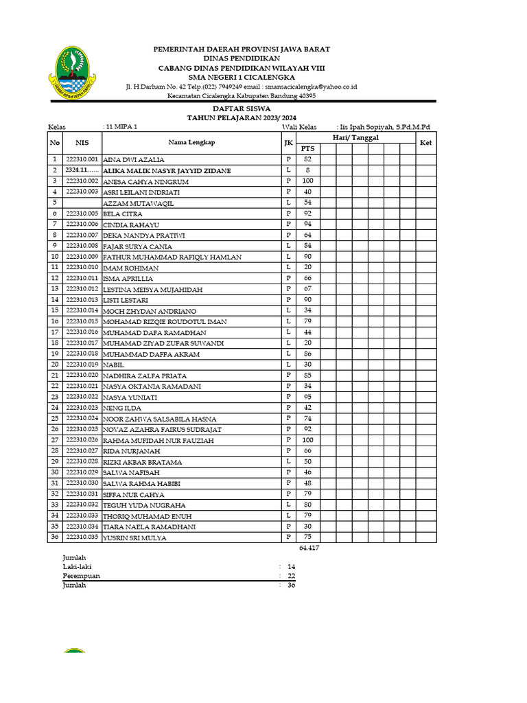 Nilai Matematika 11 Mipa 2023-2024 | PDF