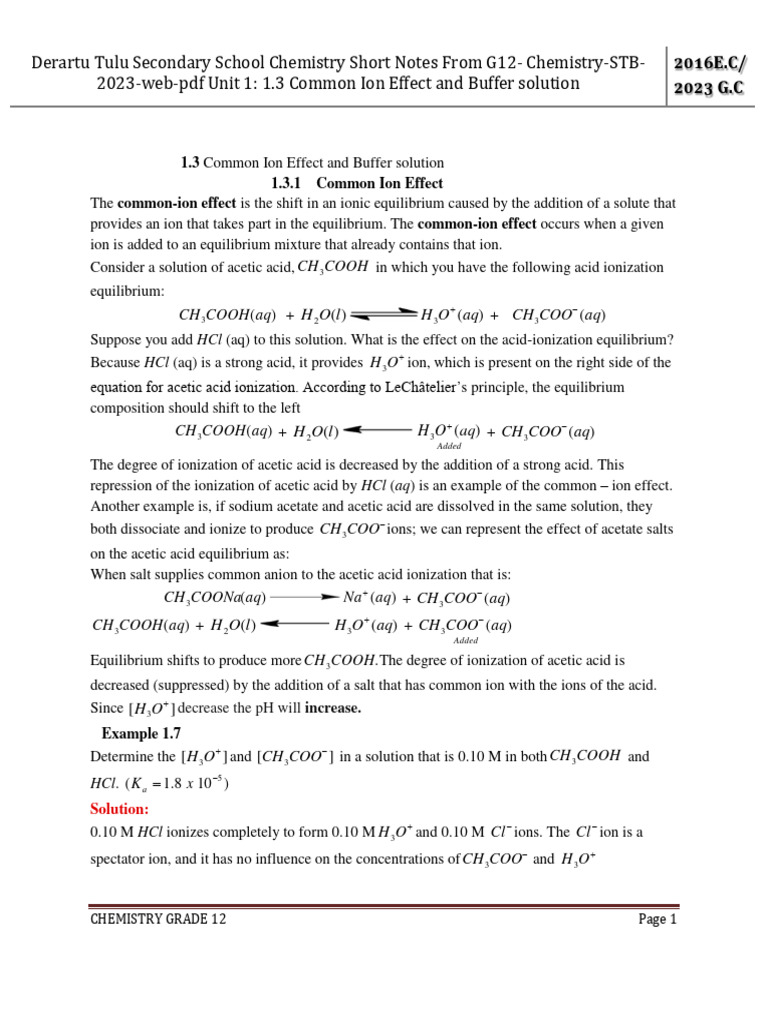1.3 Common Ion Effect and Buffer Solution | PDF