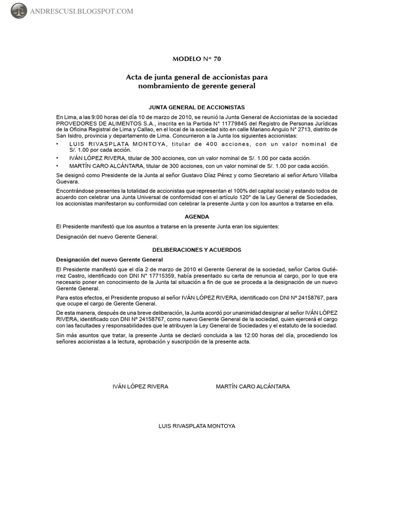 Acta de Junta General de Accionistas para Nombramiento de Gerente General Nro. 1 | PDF