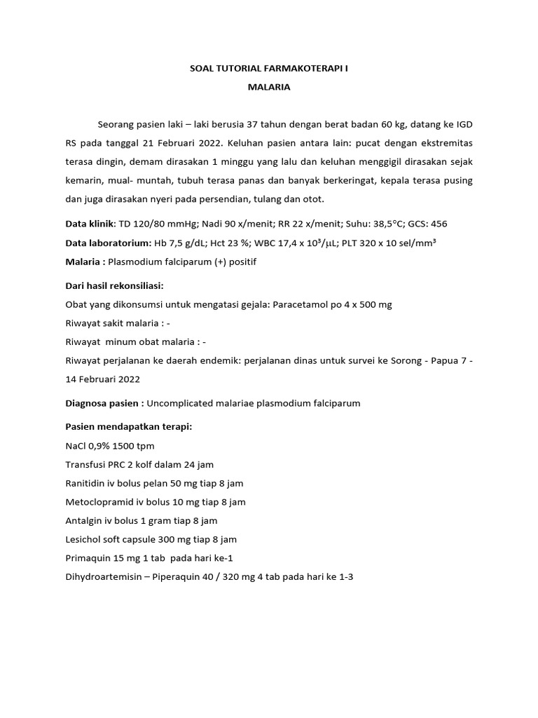 Soal Tutorial Farmakoterapi 1 Malaria | PDF | Sains & Matematika